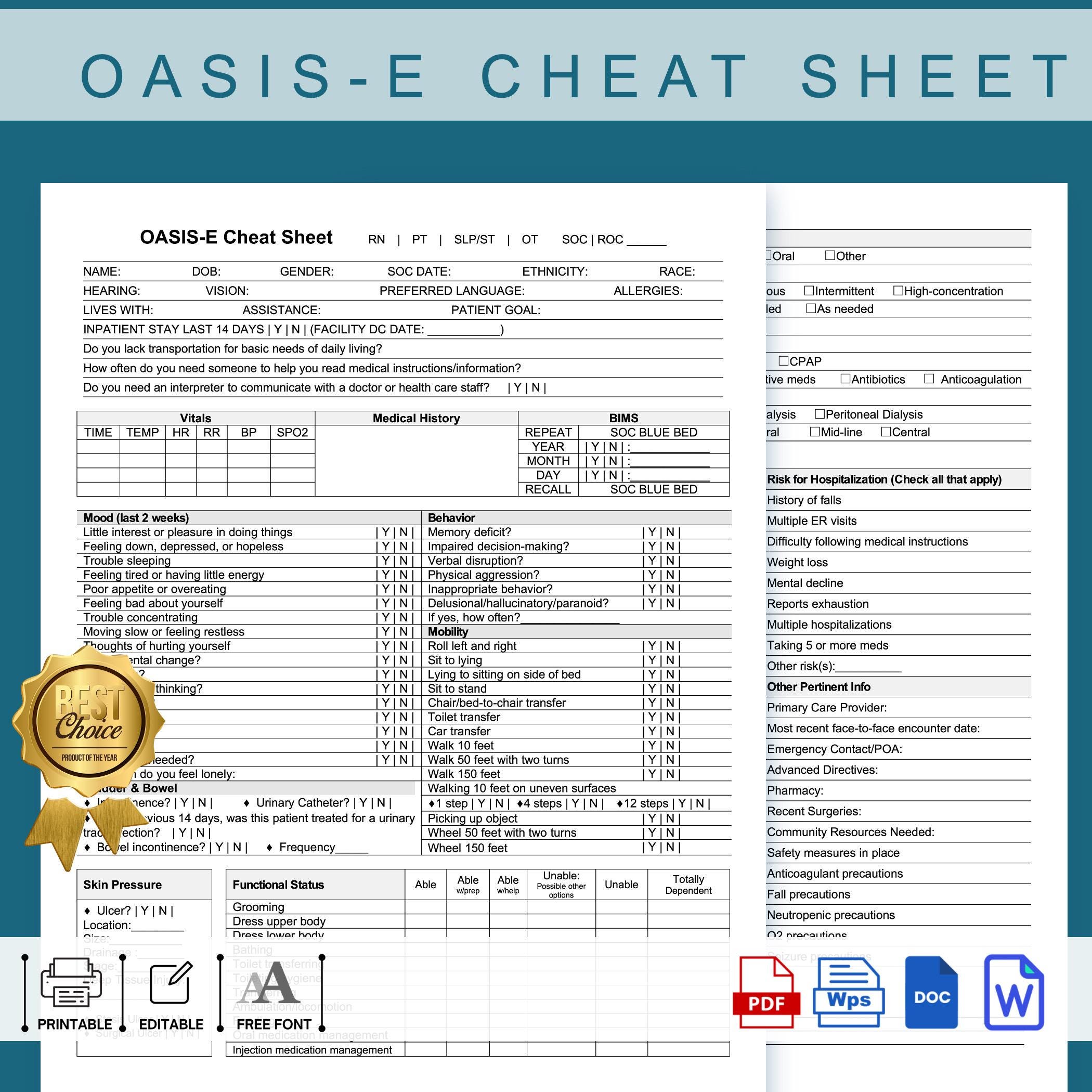 Printable OASIS-E Start of Care Cheat Sheet, Editable OASIS E Start of ...