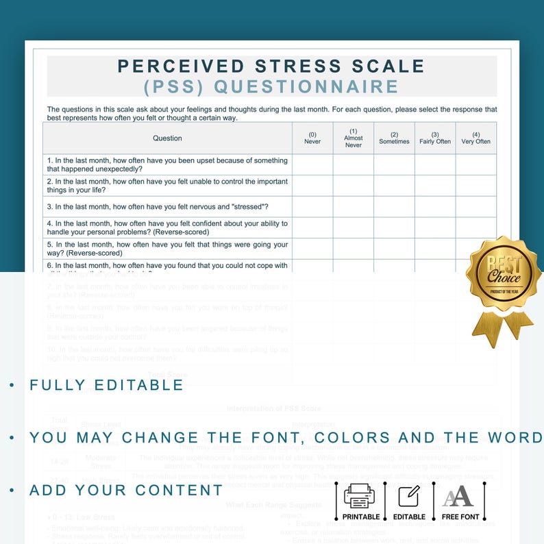 Perceived Stress Scale (PSS) Questionnaire, Printable Stress Management Assessment Tool ...
