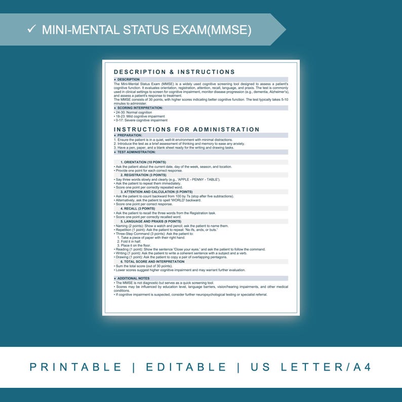 Editable Mini-mental Status Exam (MMSE) Template, Cognitive Assessment ...