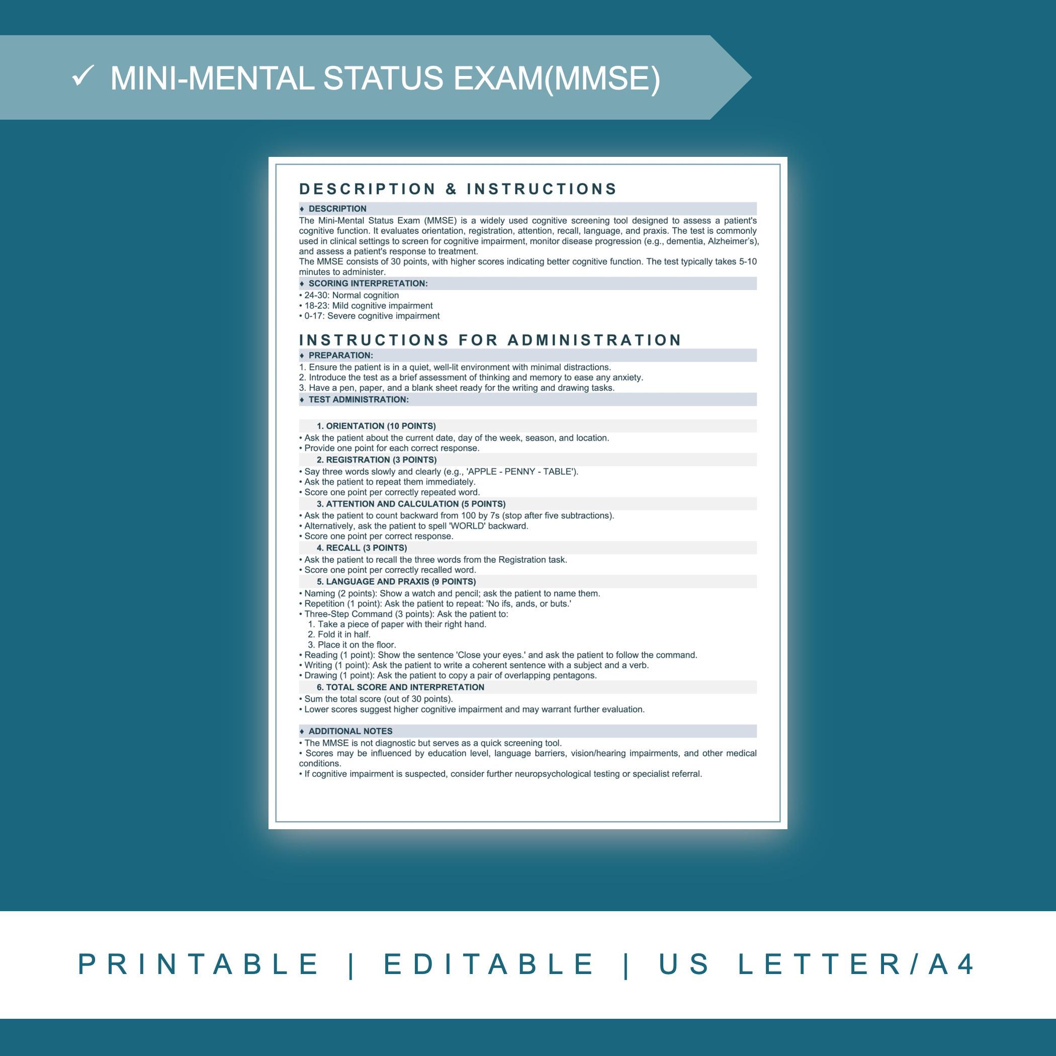 Editable Mini-mental Status Exam (MMSE) Template, Cognitive Assessment ...