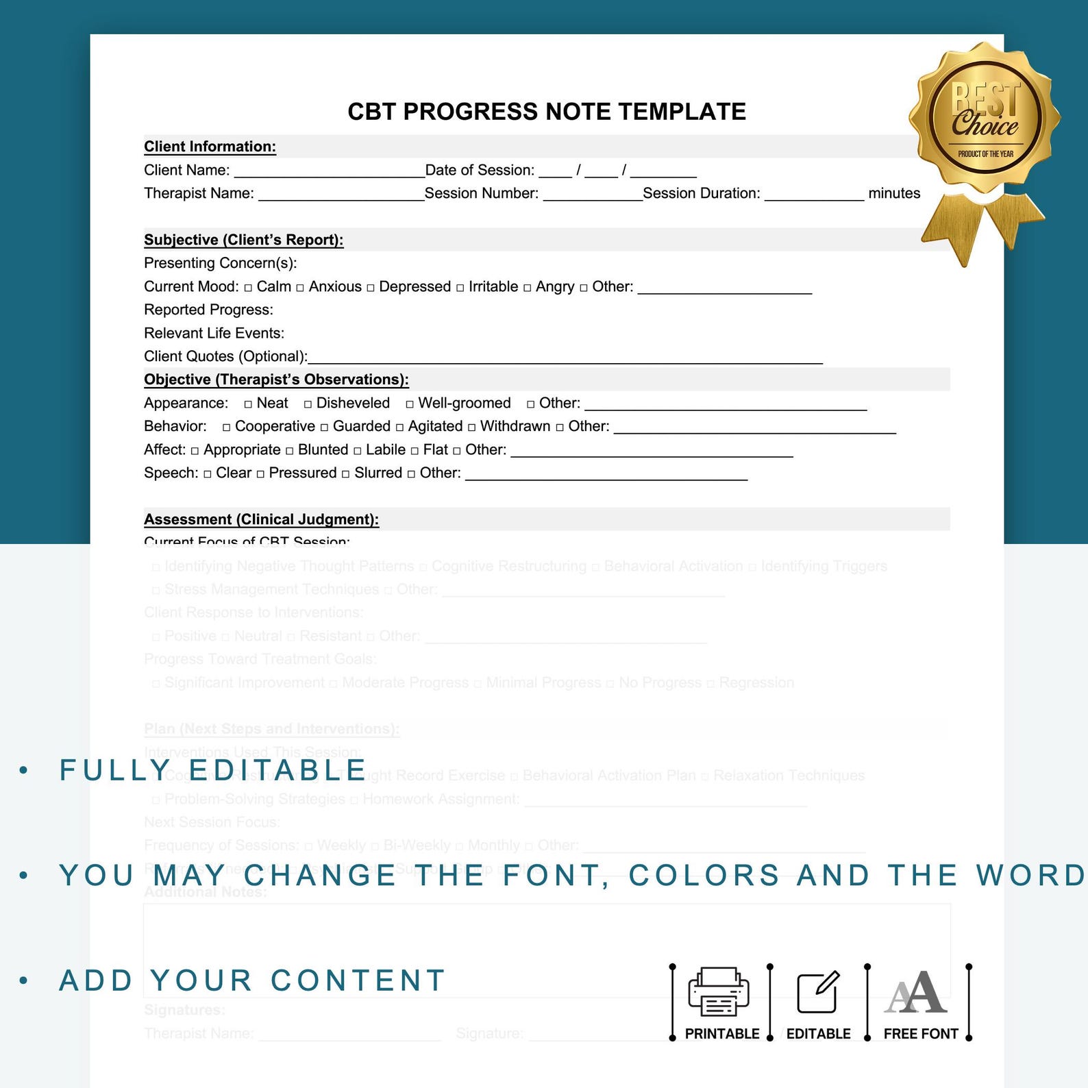 Printable CBT Progress Note Template for Therapists, Editable Cognitive ...