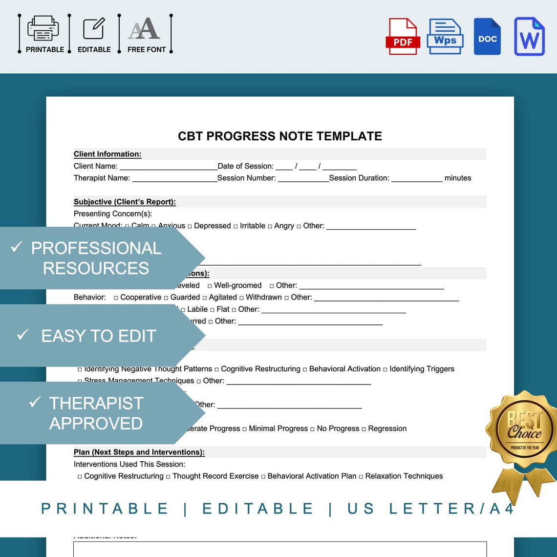 Printable CBT Progress Note Template for Therapists, Editable Cognitive ...