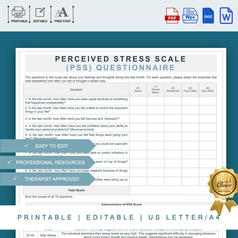 Perceived Stress Scale (PSS) Questionnaire, Printable Stress Management Assessment Tool ...