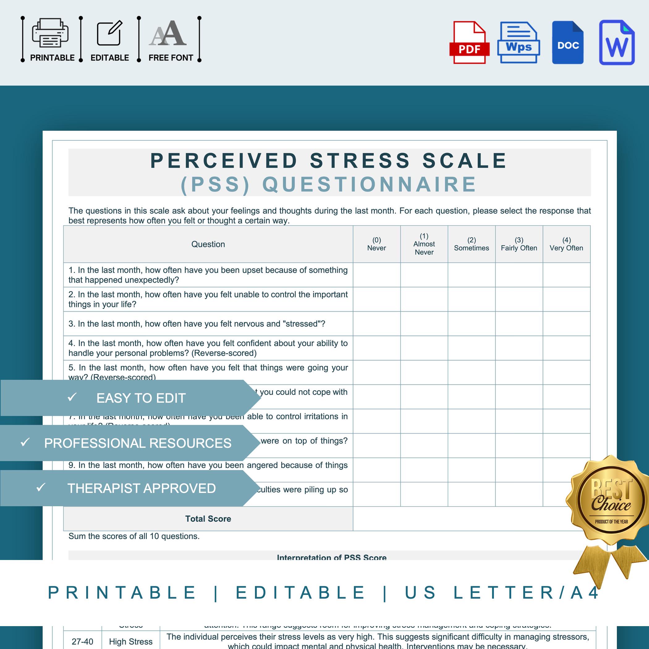 Perceived Stress Scale (PSS) Questionnaire, Printable Stress Management Assessment Tool ...