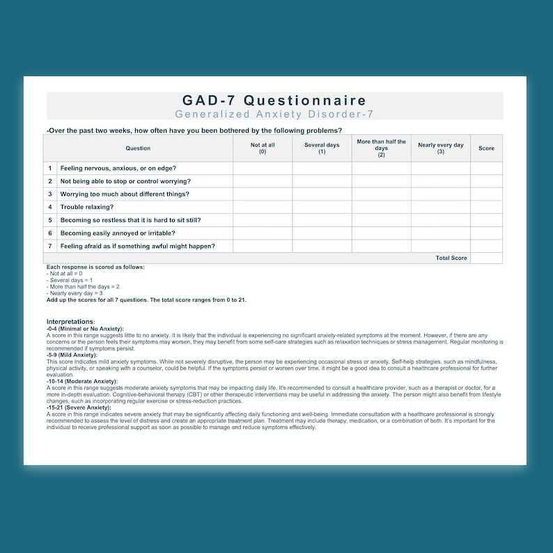 GAD-7 Anxiety Questionnaire, Generalized Anxiety Disorder Screening ...