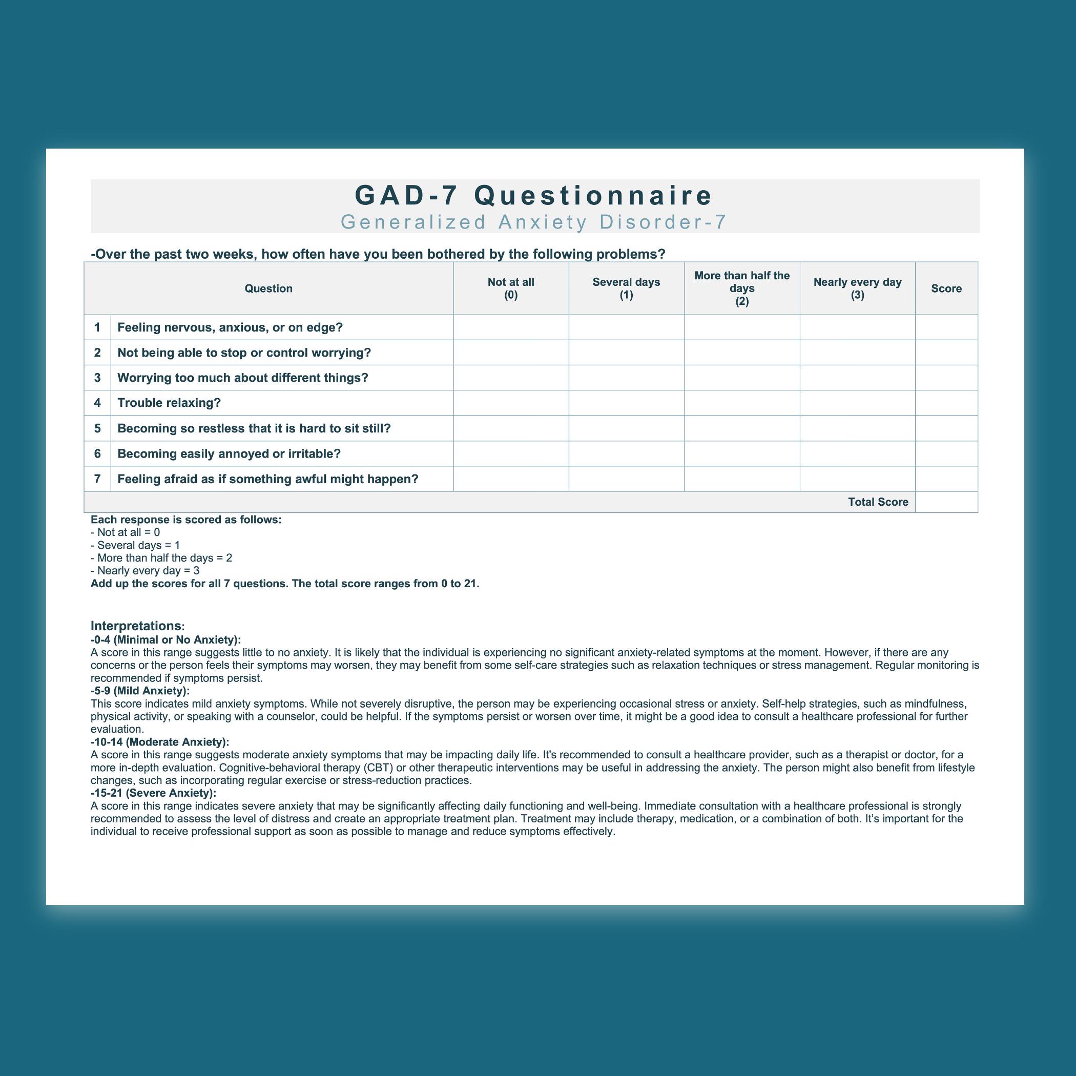 GAD-7 Anxiety Questionnaire, Generalized Anxiety Disorder Screening ...