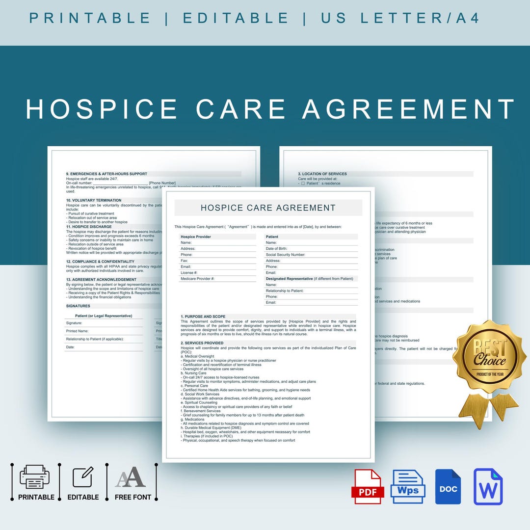 Editable Hospice Care Agreement Template, End-of-life Care Contract ...