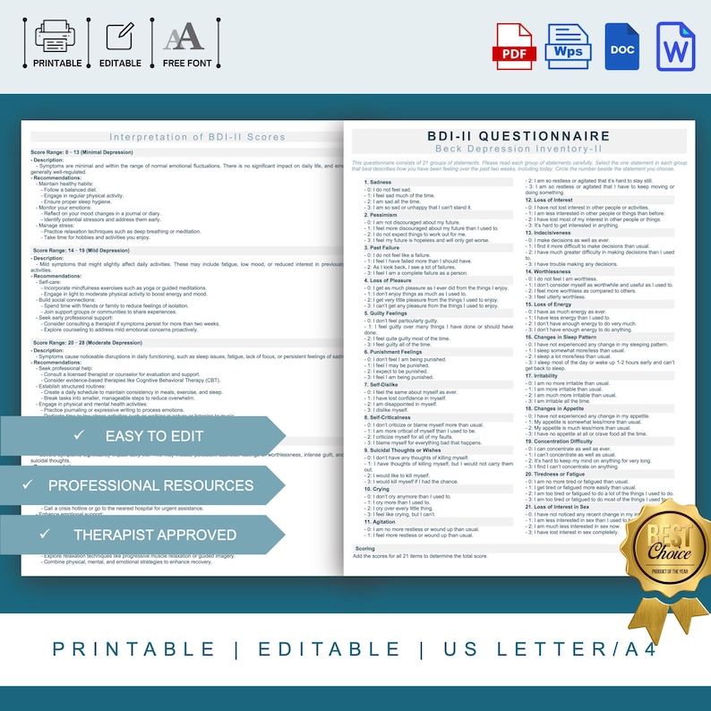 Printable Beck Depression Inventory (BDI-II) Questionnaire, Editable ...