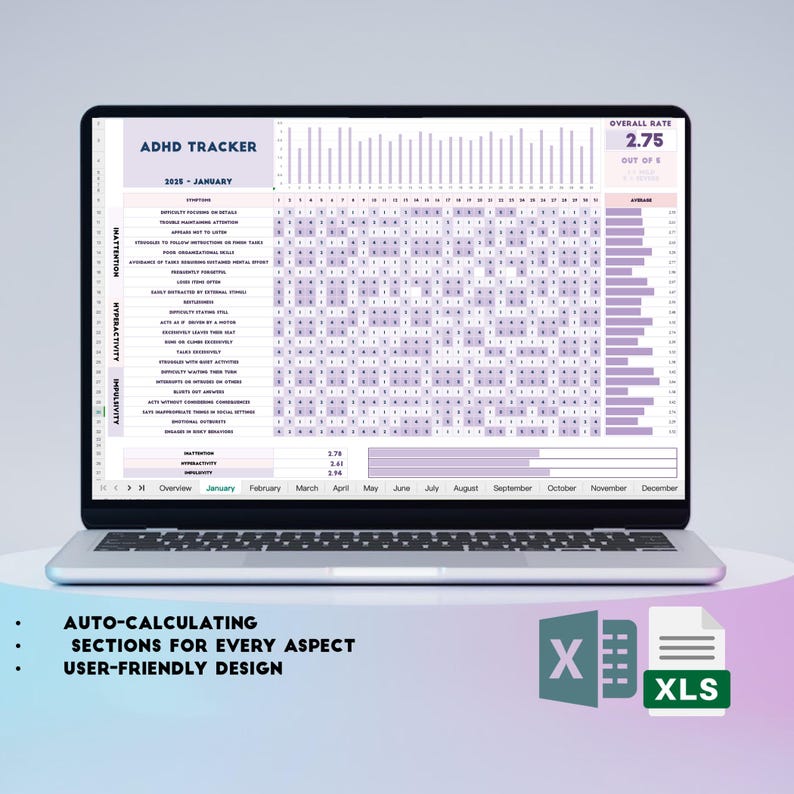 2025 ADHD Symptom Tracker Spreadsheet,monthly ADHD Severity Tracker ...