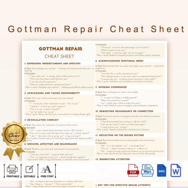 Gottman Repair Cheat Sheet, Relationship Conflict Resolution Printable ...