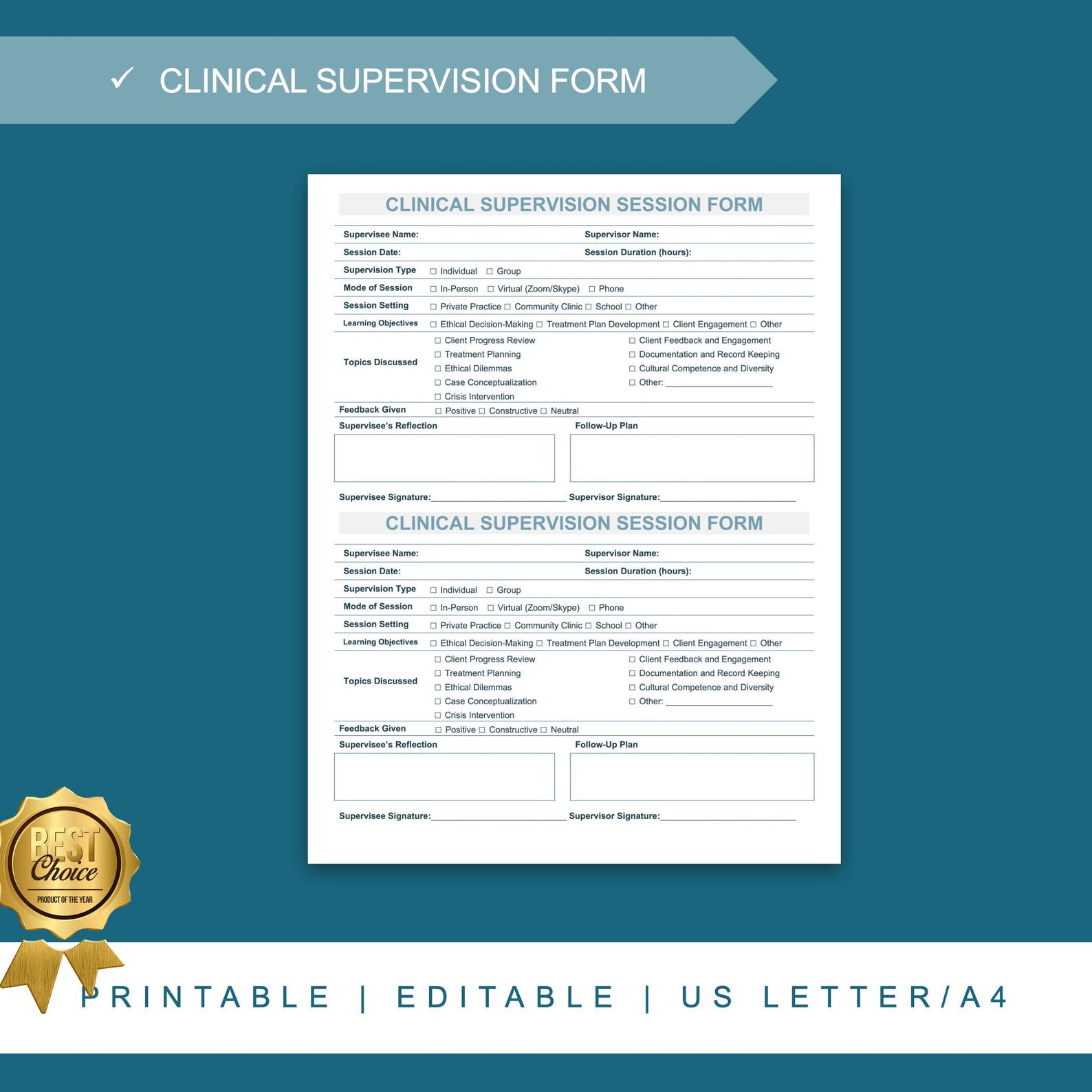 Clinical Supervision Session Form & Hours Log for Lpcs, Editable ...