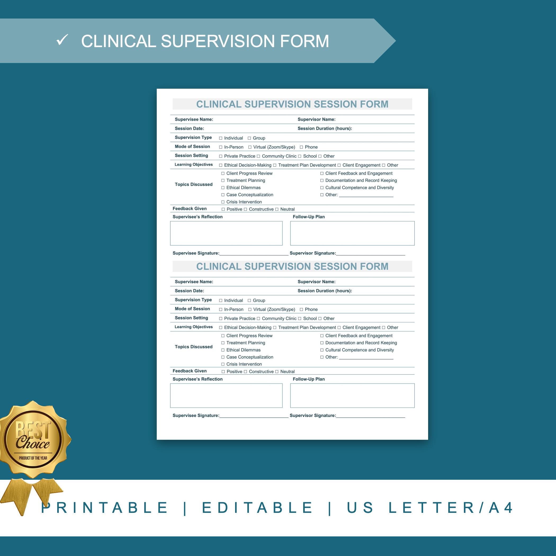 Clinical Supervision Session Form & Hours Log for Lpcs, Editable ...
