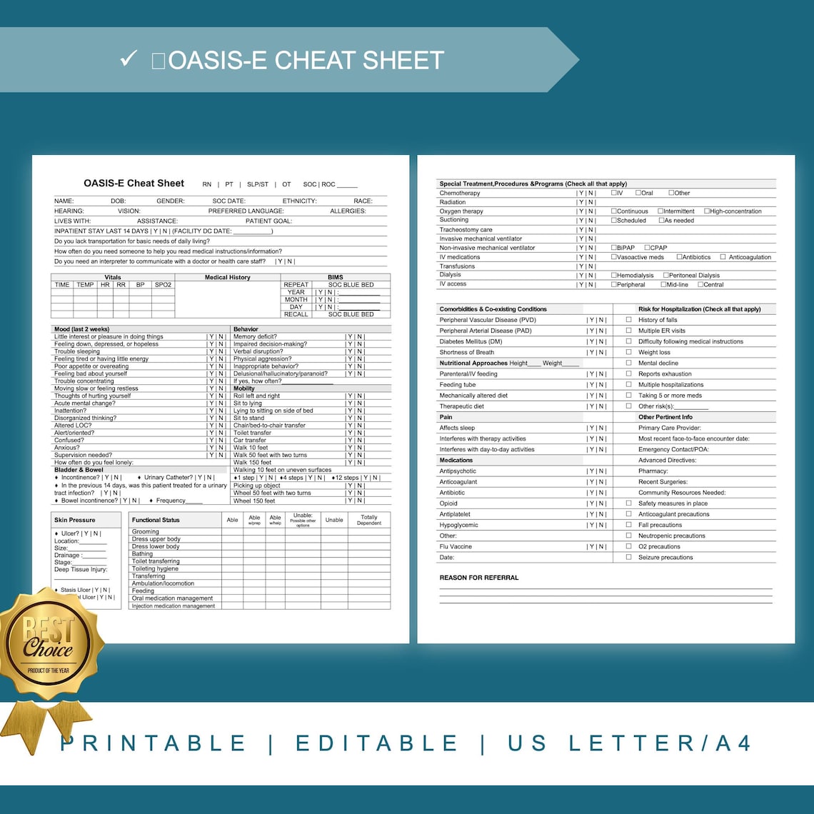 Printable OASIS-E Start of Care Cheat Sheet, Editable OASIS E Start of ...