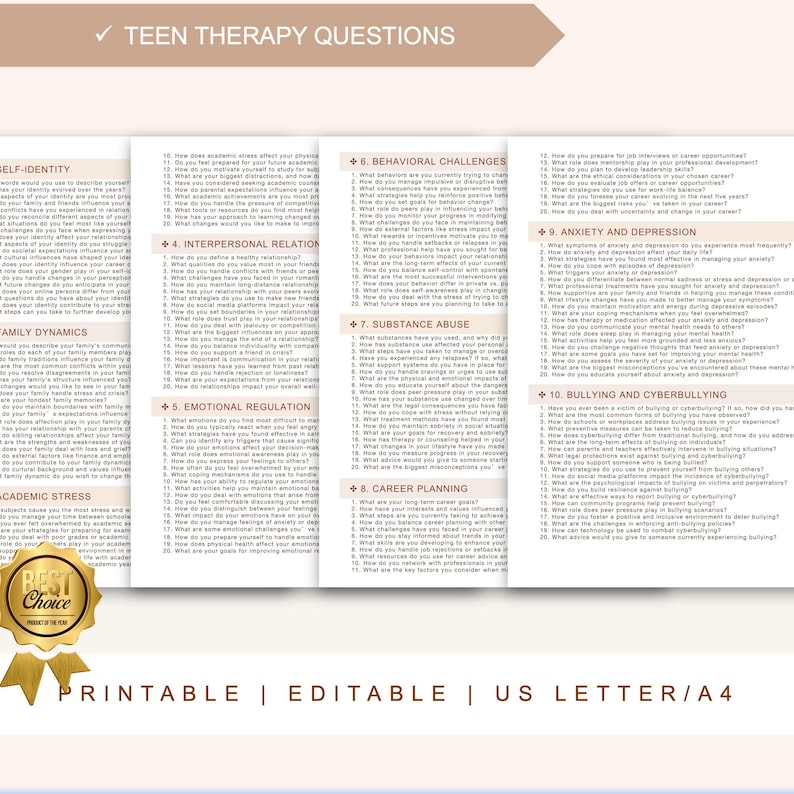 Teen Therapy Questions, Adolescent Therapy, Teens Questionnaire, Teens ...