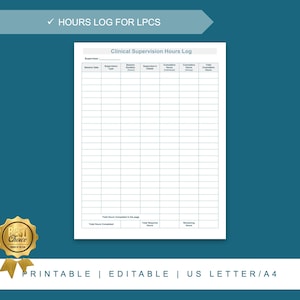 Clinical Supervision Session Form & Hours Log for Lpcs, Editable ...