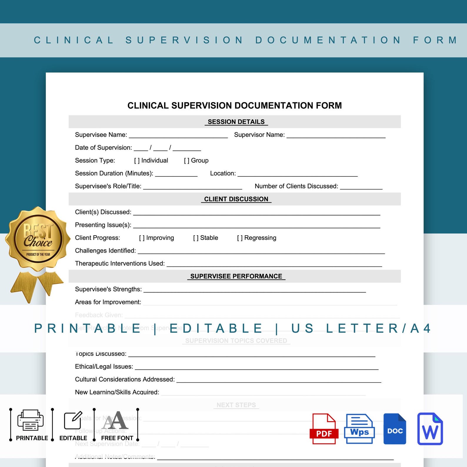 Printable Direct Service & Clinical Supervision Note Template ,editable Clinical Supervision ...