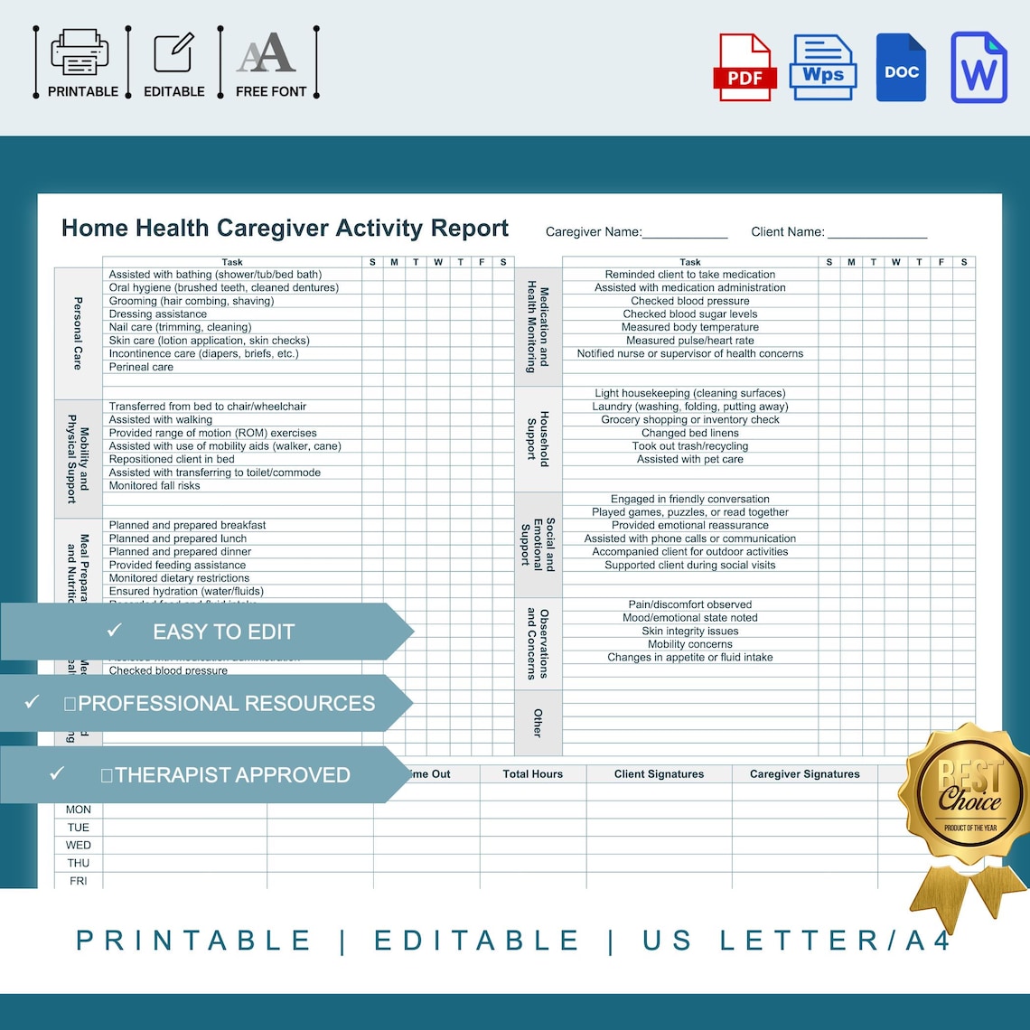 Home Health Caregiver Activity Report Template, Editable Weekly ...