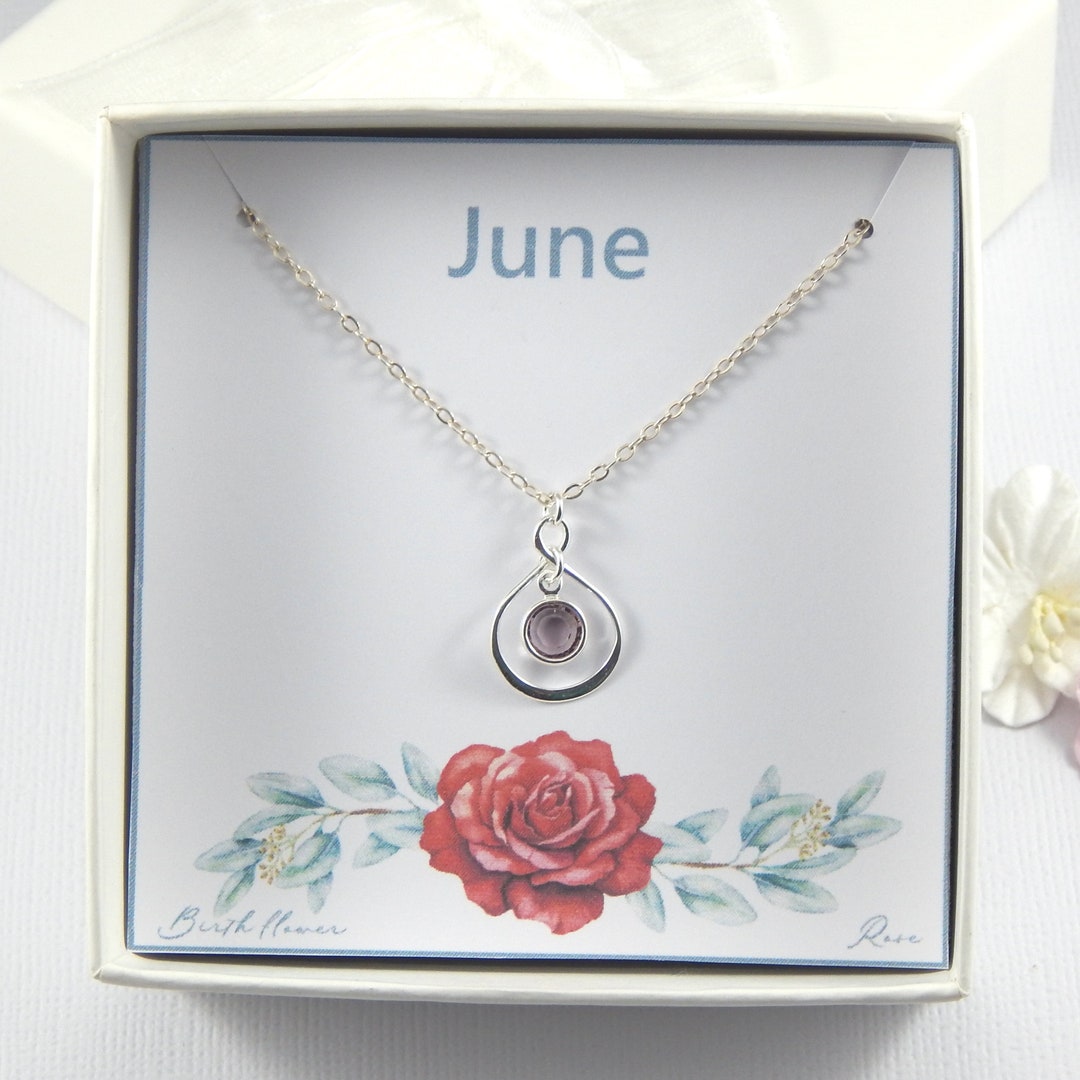 June Birth Flower and Birthstone Necklace in Gift Box - Etsy