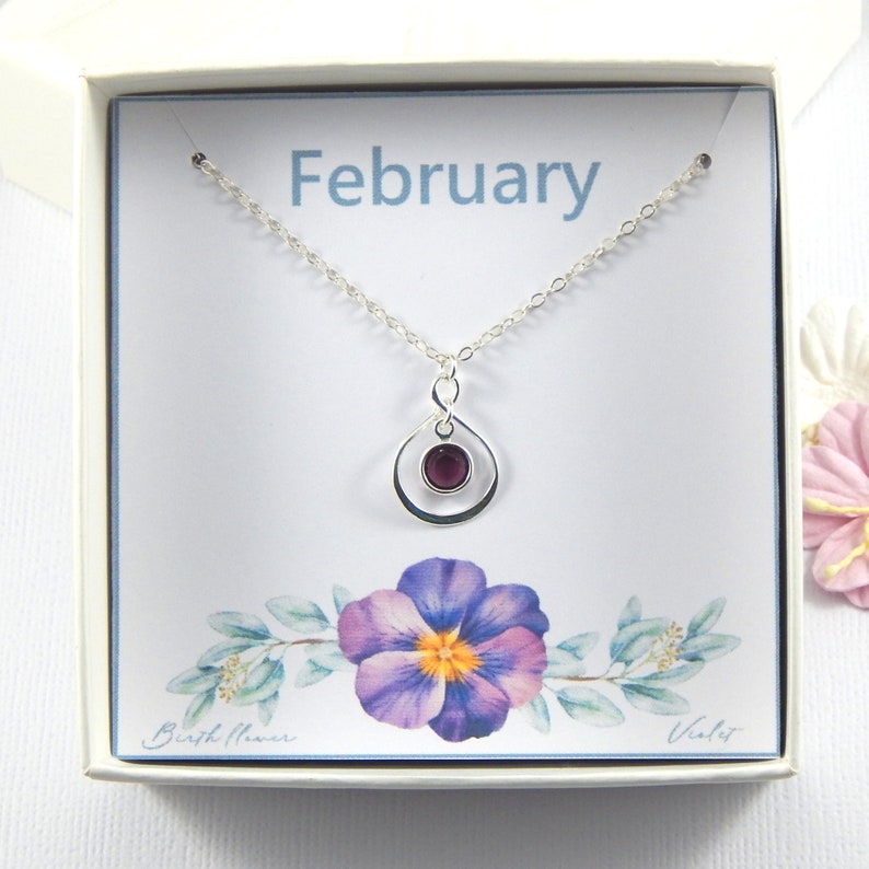 February Birth Flower and Birthstone Necklace in Gift Box - Etsy