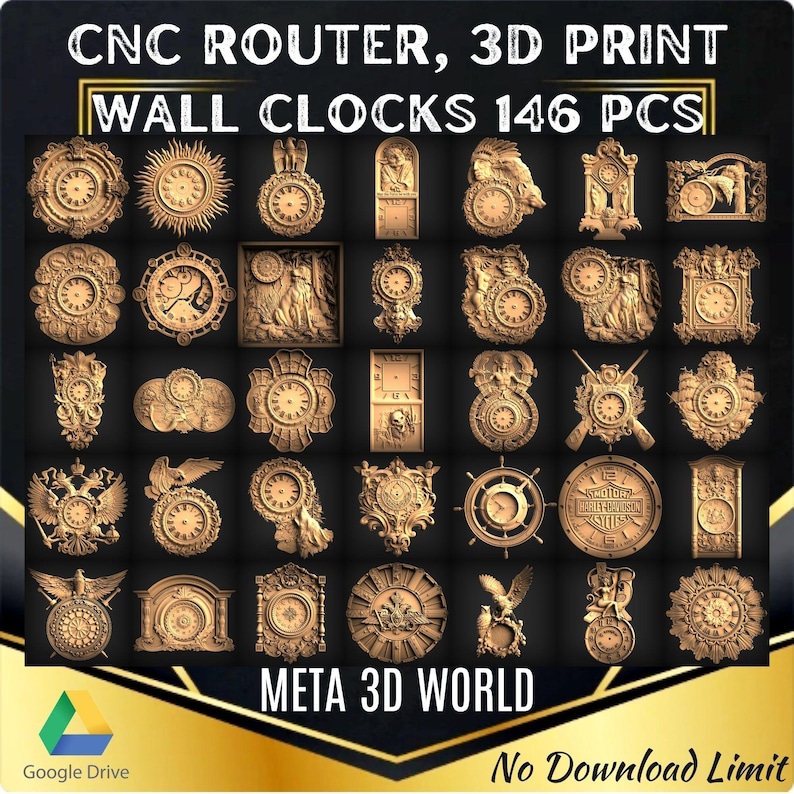 3D Wall Clock STL Model Pack for CNC Router (146 Pcs) (3D Print File ...