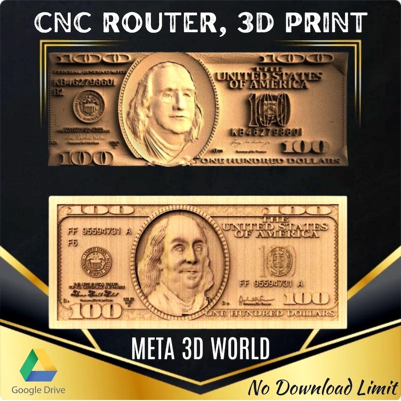 100 Dollar Bill 3D STL Model: CNC Router Carving (3D Print File) - Etsy