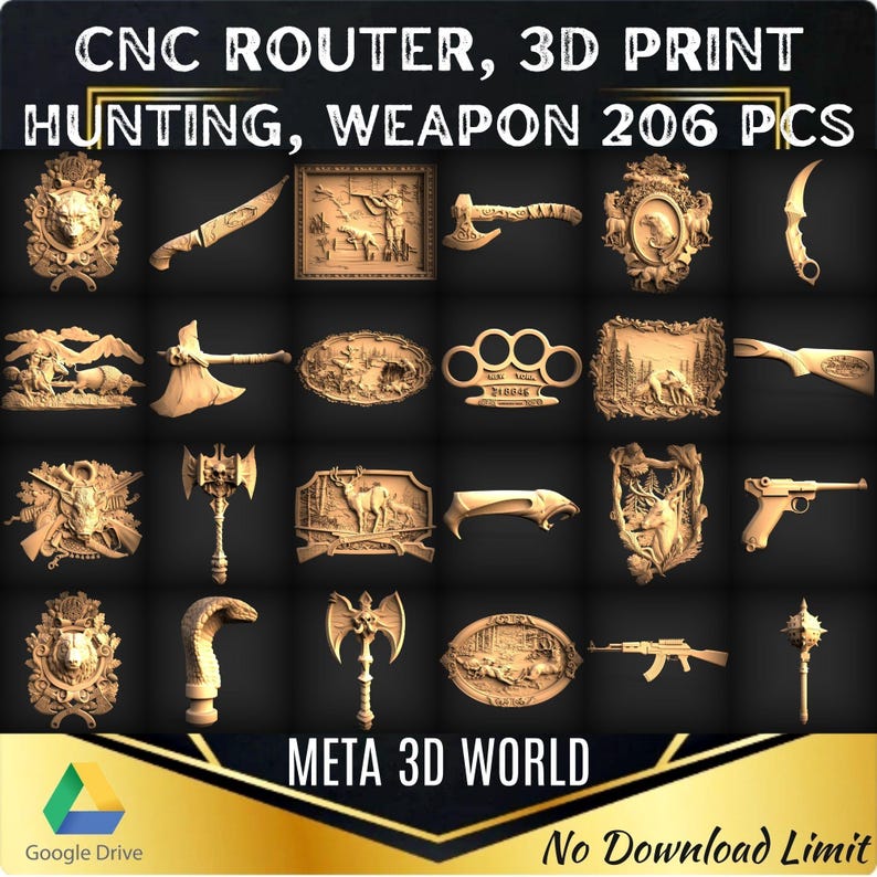 Hunting and Fishing, Weapon Pack, 206 Pcs - 3D STL Model for CNC Router ...
