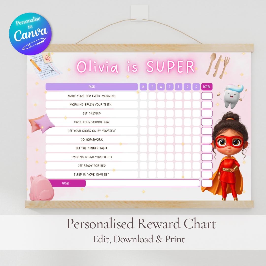 Superhero Reward Chart for Girls: Editable Chore Tracker (canva ...