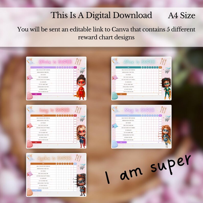 Superhero Reward Chart for Girls: Editable Chore Tracker (canva ...