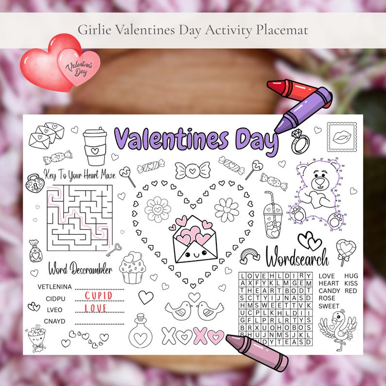 Girls Valentine's Day Activity Placemat | Coloring, Maze, Word Search ...
