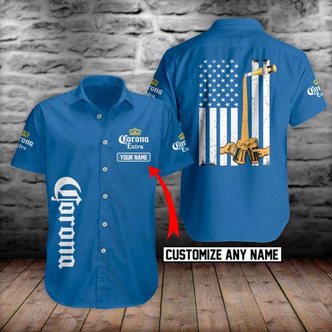 Personalized US Flag Corona Extra Button Shirt Corona Extra Button Up ...
