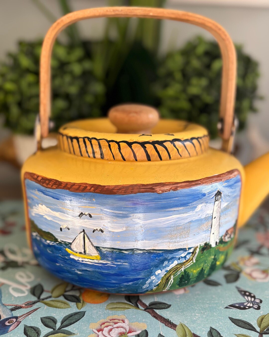 Vintage 1970s Yellow Enamel Teapot – Hand Painted Nautical Sea Scape ...