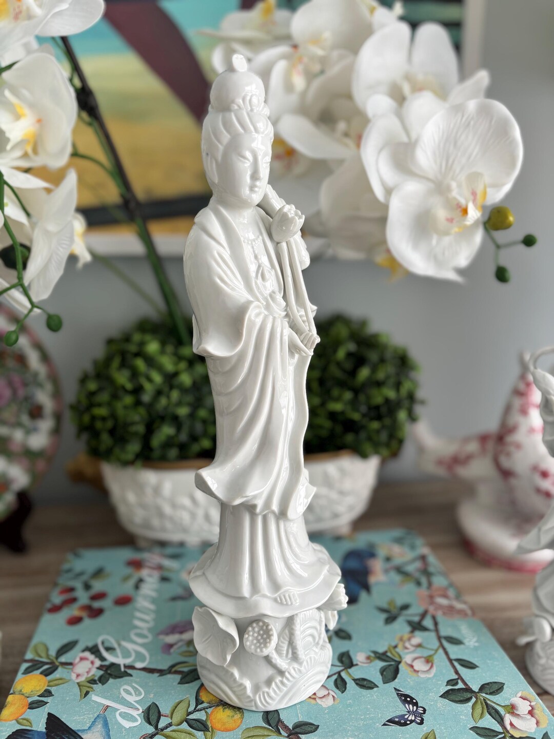 Large Japanese Kannon Goddess of Mercy Porcelain Statue, 14”H. Prized ...