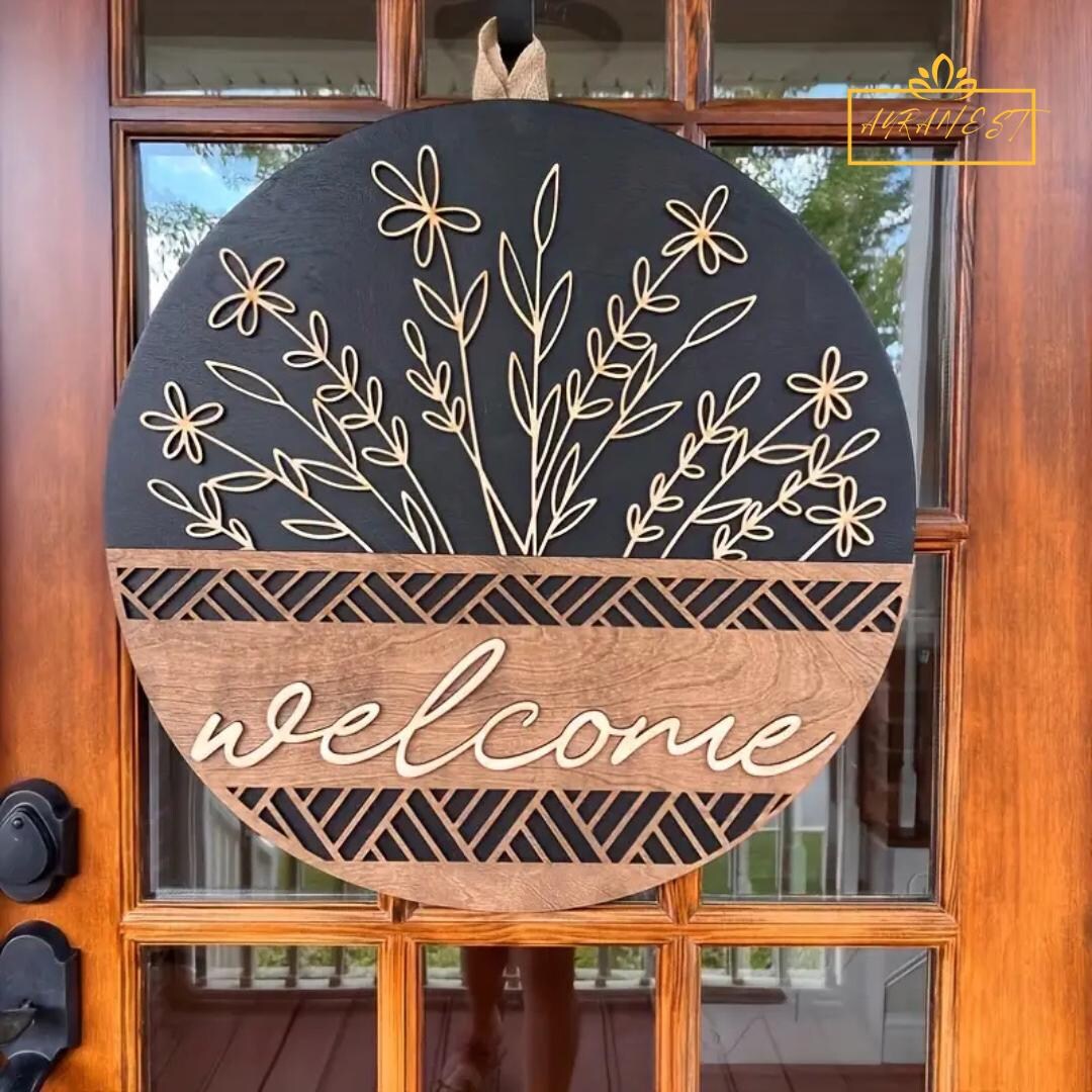 Wooden Engraved Welcome Door Hanger Sign, Laser Engraved Front Door ...