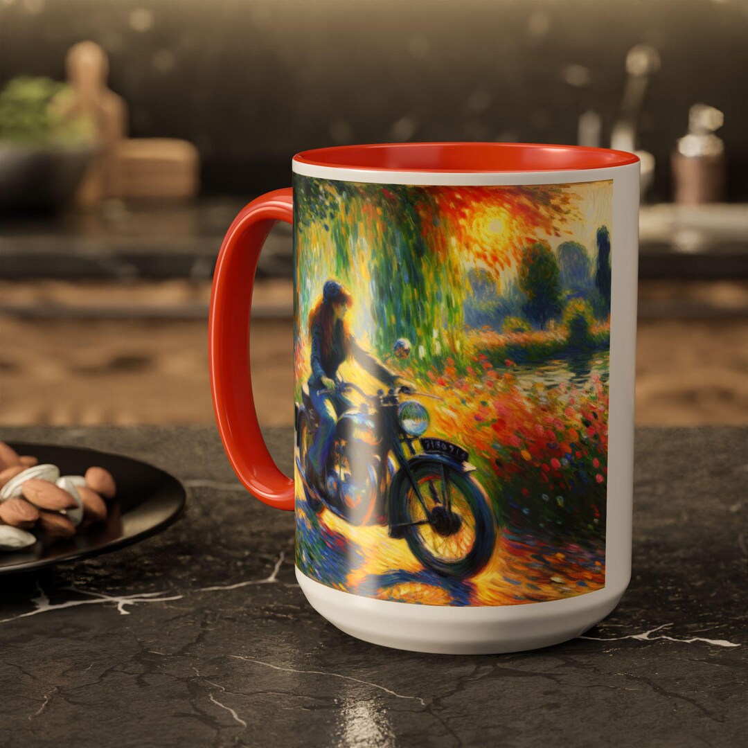 Monet Inspired Colorful Mugs, Motorcycle Girl Coffee Cup, Artistic ...