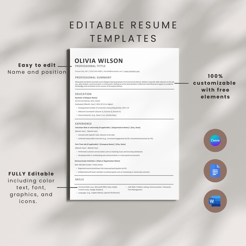 ATS Friendly Resume Template for Recent Graduates | Professional Google ...