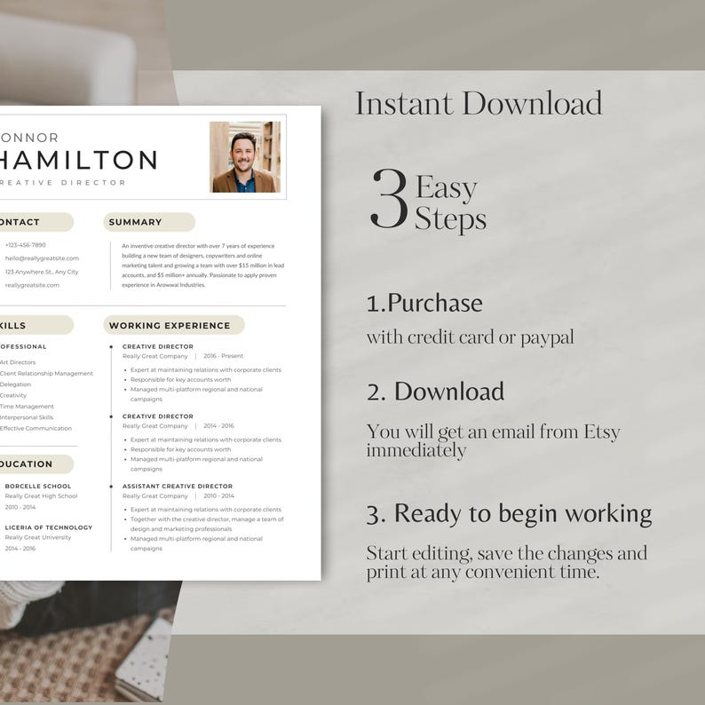 Professional Resume Template: Editable for Word, Google Docs, Canva - Etsy