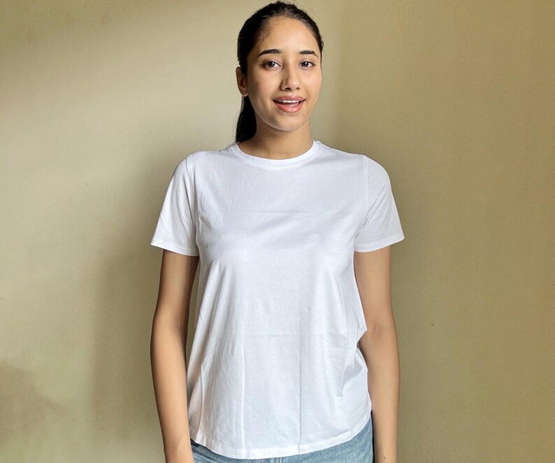 Women's White Cotton Crew Neck T-shirt, Minimalist Short Sleeve Basic ...