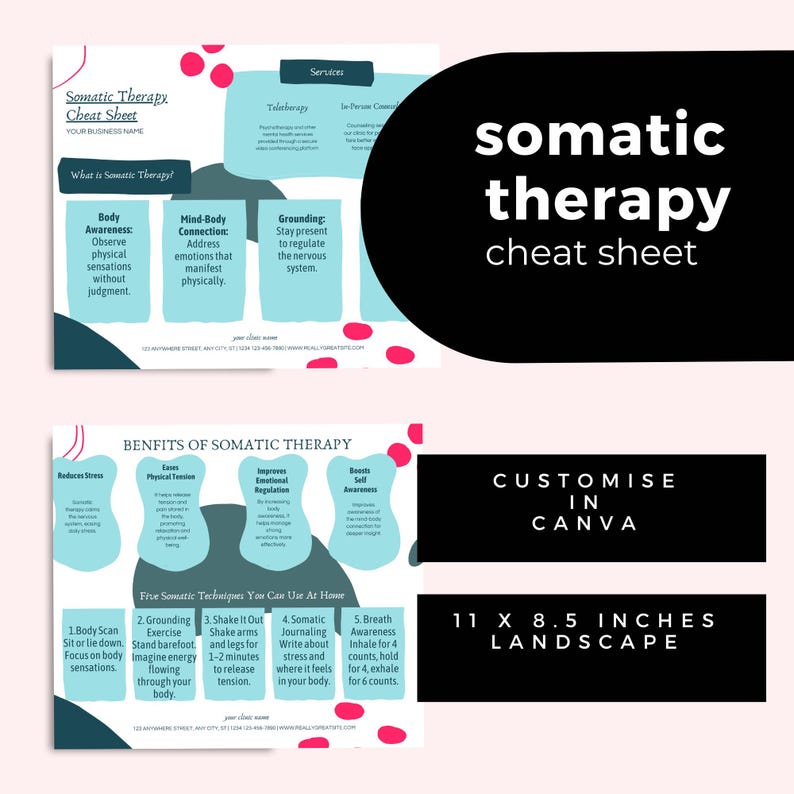 Editable Somatic Therapy Cheat Sheet | Customizable Canva Template for ...