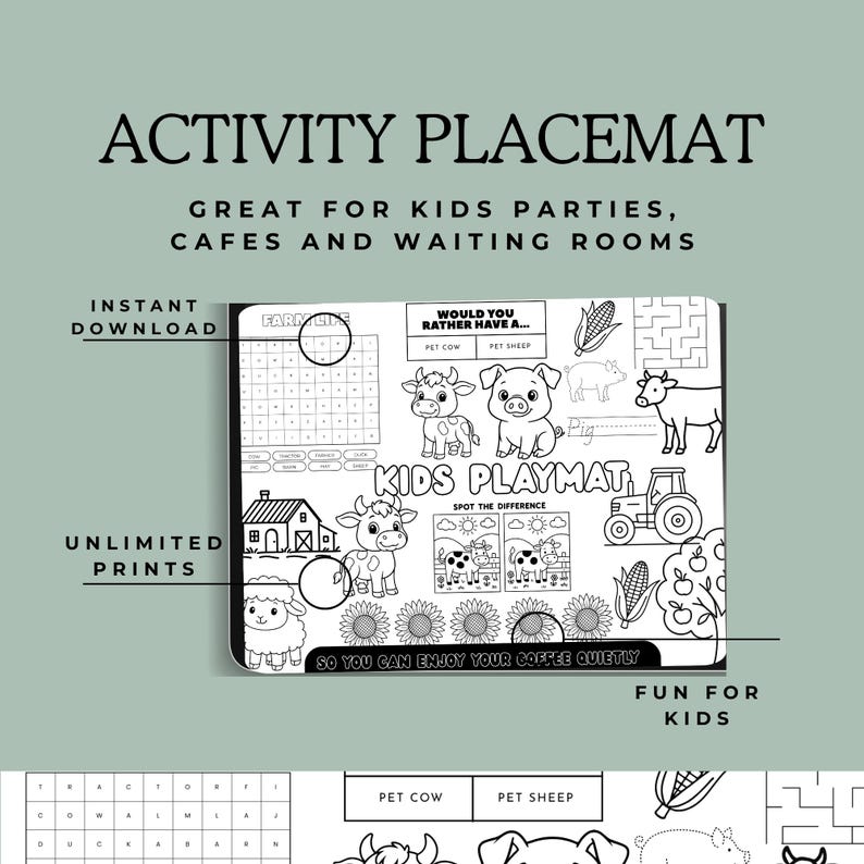 Printable Kids Activity Placemat – Farm Theme Coloring & Games, Party ...