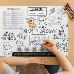 Printable Kids Activity Placemat – Farm Theme Coloring & Games, Party ...