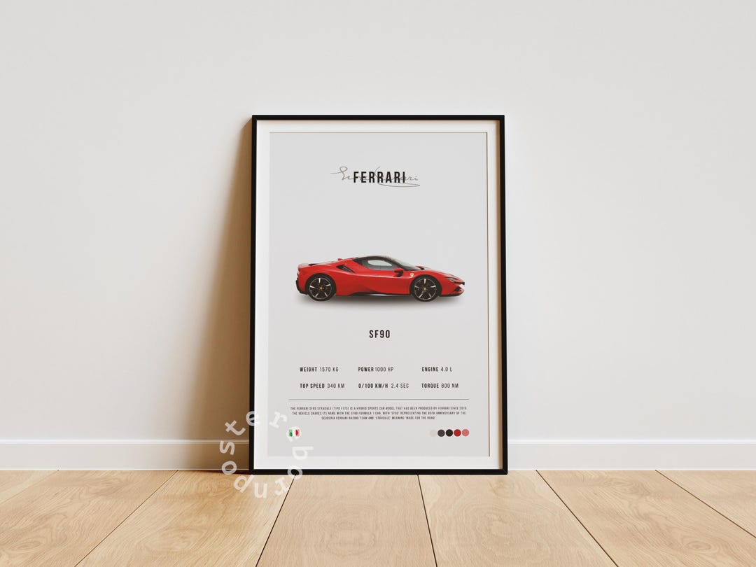 Ferrari SF90 Car Poster | Supercar Print Gift | Km & Miles Car Poster ...