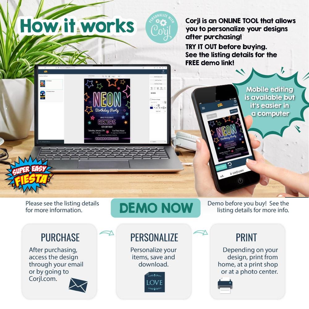 Editable Neon Party Invitation, Neon Invitation, Neon Party Template ...