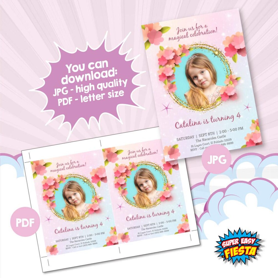 Editable Girl Birthday Invitation With Photo, DIY Princess Online ...