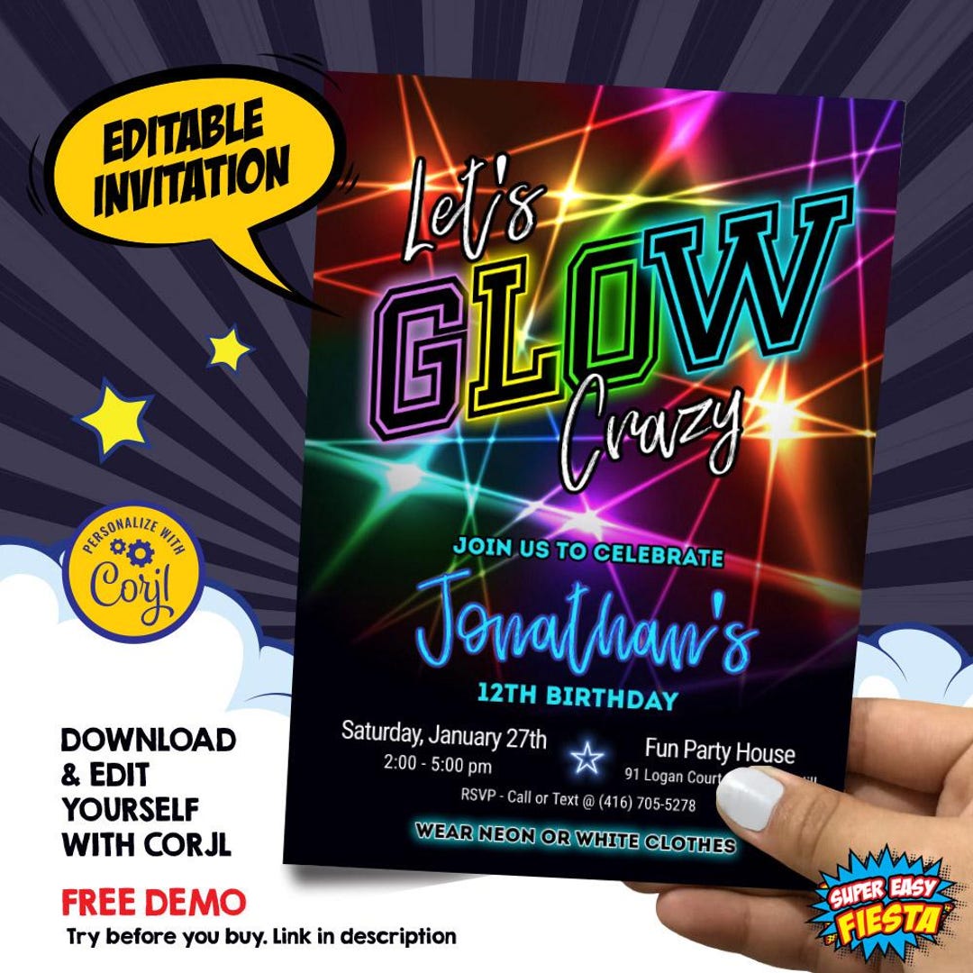 Glow Birthday Invitation, Glow Party Template, Editable Glow Party ...