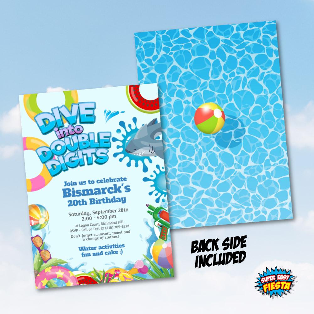 Custom Dive Into Double Digits Party Invitation, 10th Birthday Pool ...