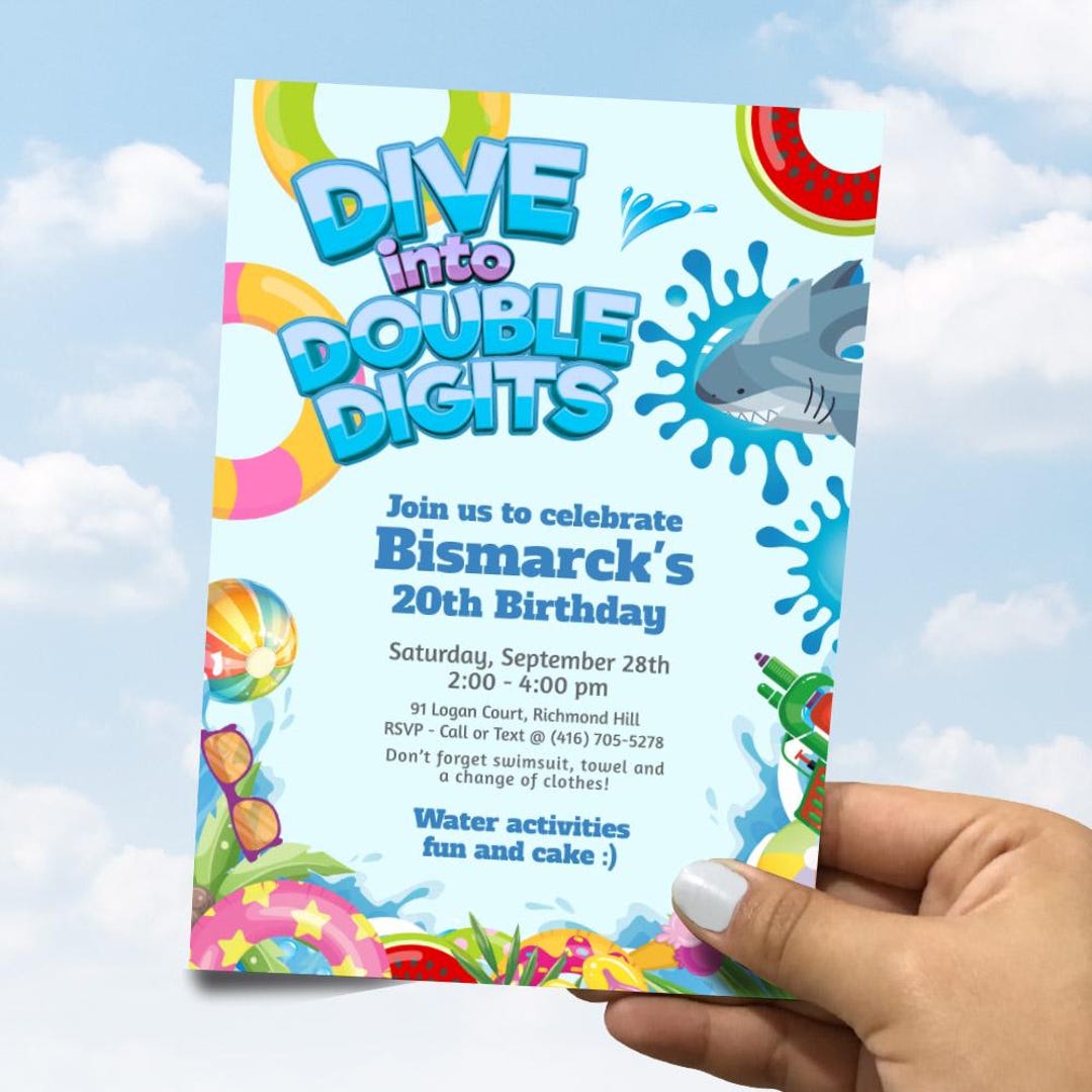 Custom Dive Into Double Digits Party Invitation, 10th Birthday Pool ...