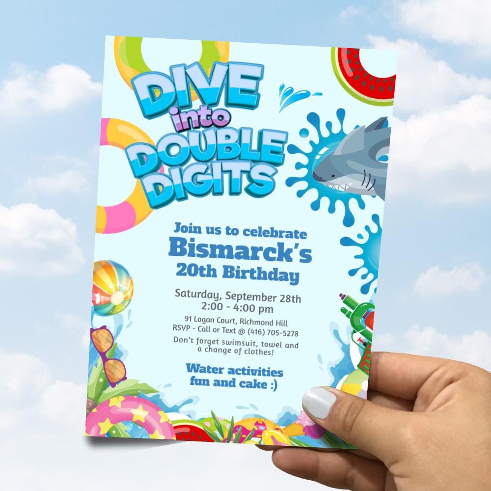 Custom Dive Into Double Digits Party Invitation, 10th Birthday Pool ...