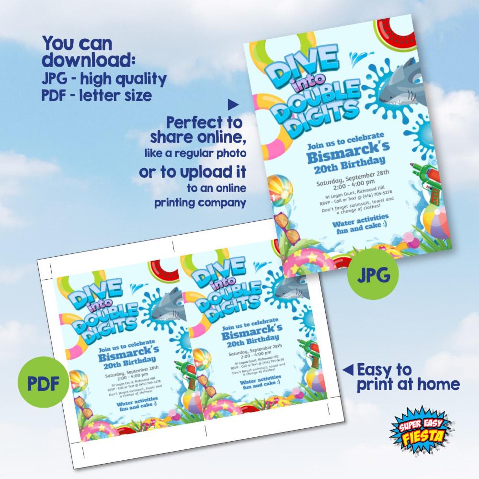 Custom Dive Into Double Digits Party Invitation, 10th Birthday Pool ...