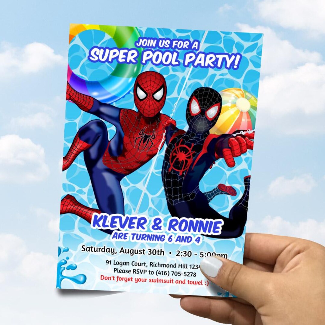 Joint Miles Morales and Spiderman Pool Party Invitation, Spiderman and ...