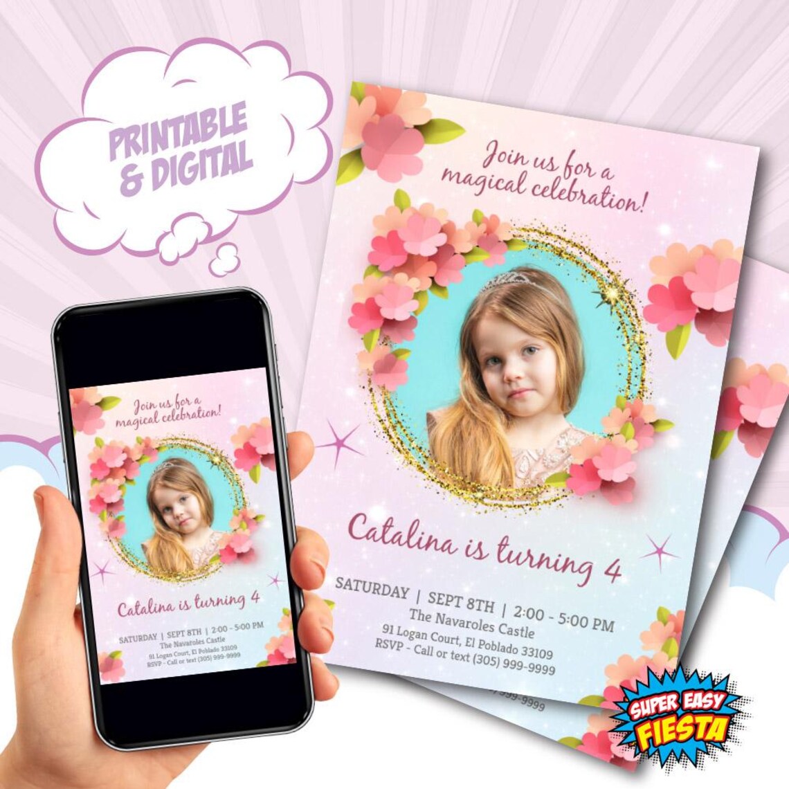 Editable Girl Birthday Invitation With Photo, DIY Princess Online ...
